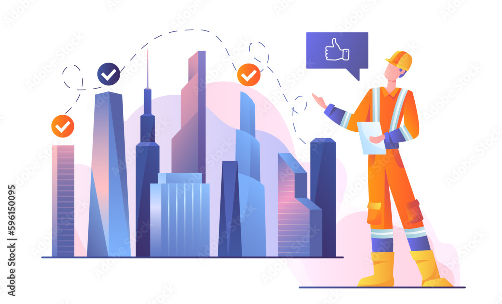 Construction safety concept. Man in uniform and yellow helmet looks at ...