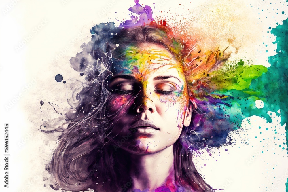 Woman with vivid watercolor explosion on her head as symbol for inner ...