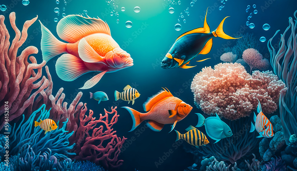 group of colorful fish and sea animals with colorful coral underwater ...