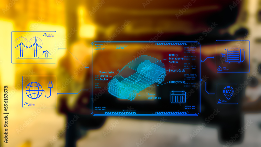 The virtual screen dashboard shows hologram clean energy. Car in the ...