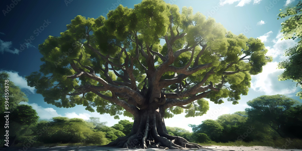 Sunlight streaming through a majestic bodhi tree. Vesak Day concept ...