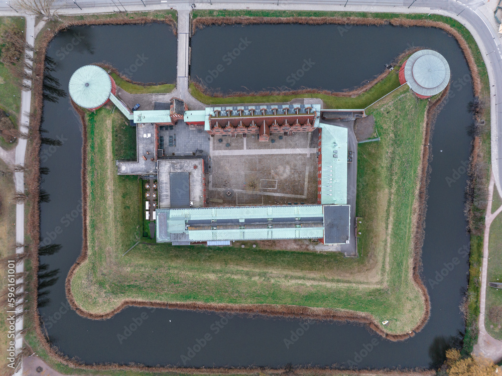 Aerial top down view of Malmo castle in Sweden surrounded by a water ...