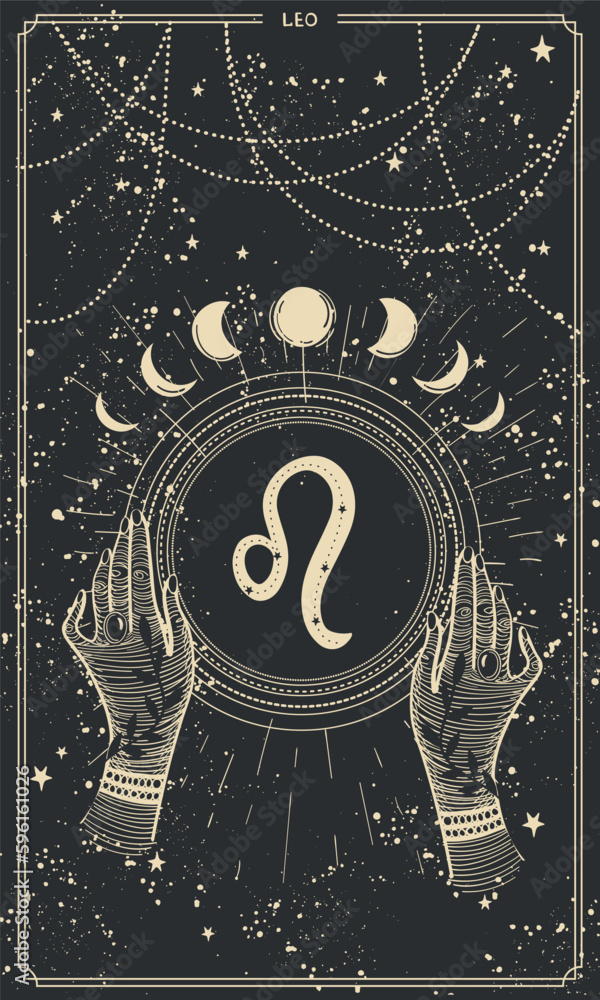 Card with Leo zodiac sign symbol, mystical template for stories with ...