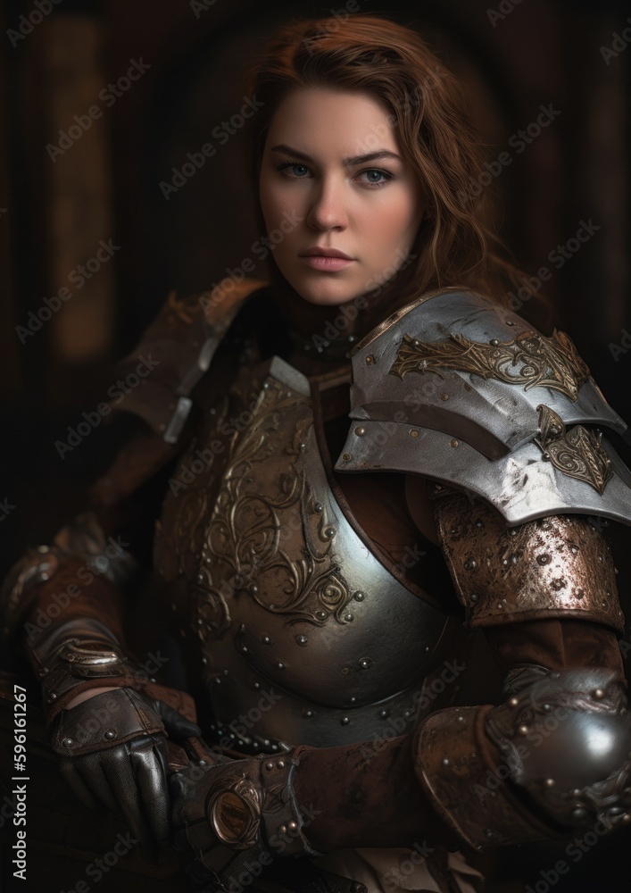 young queen house full regal woman armor poses large shoulders guard ...
