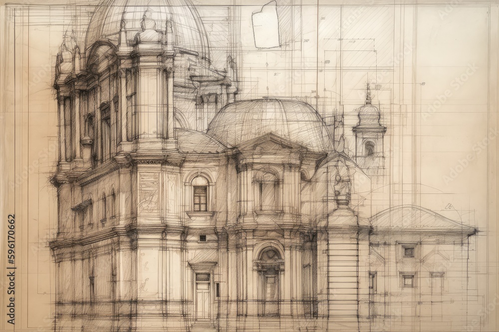 Pencil sketch drawing of Roman building architecture and city landmark ...