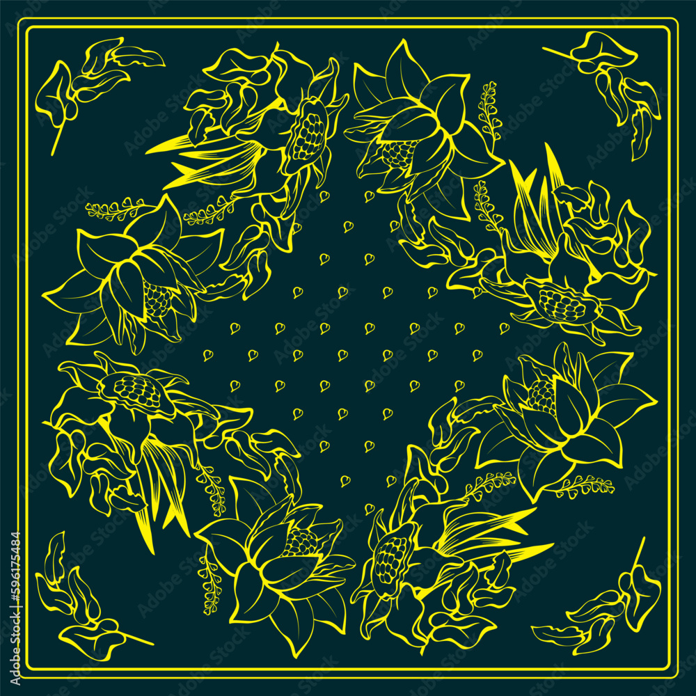 Botanical square pattern with tropical leaves and flowers. Hand-drawn ...