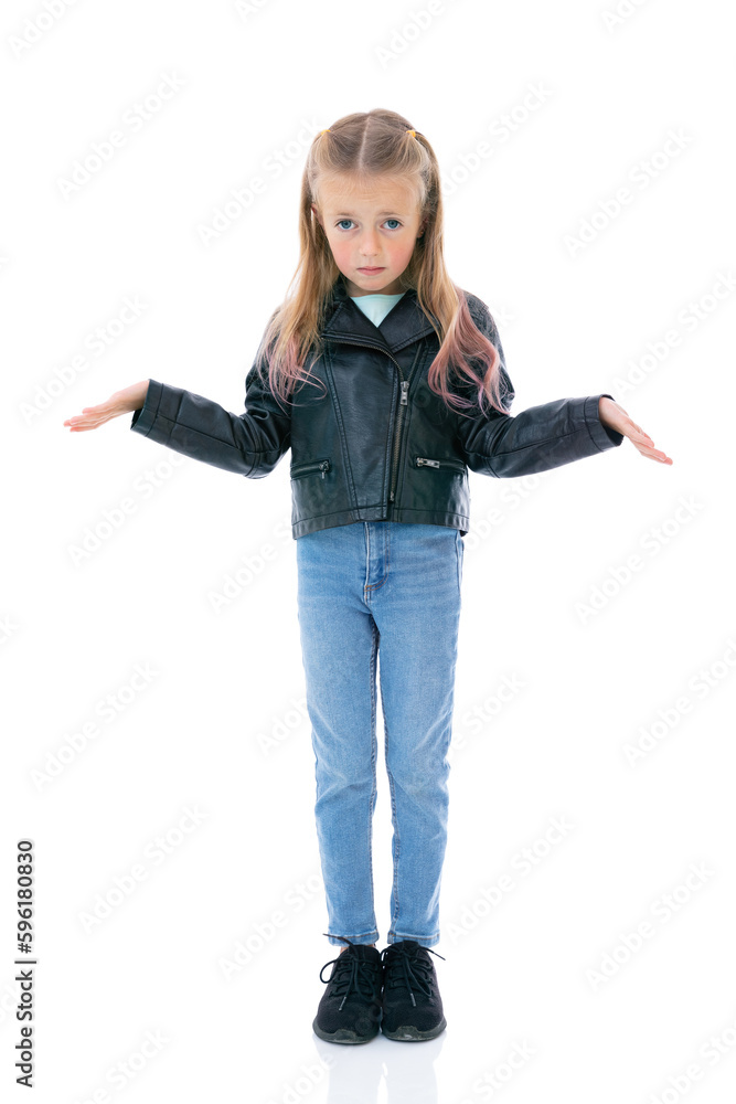 Full Length Portrait Of Five Year Old Girl Spread Hands Sideways Know
