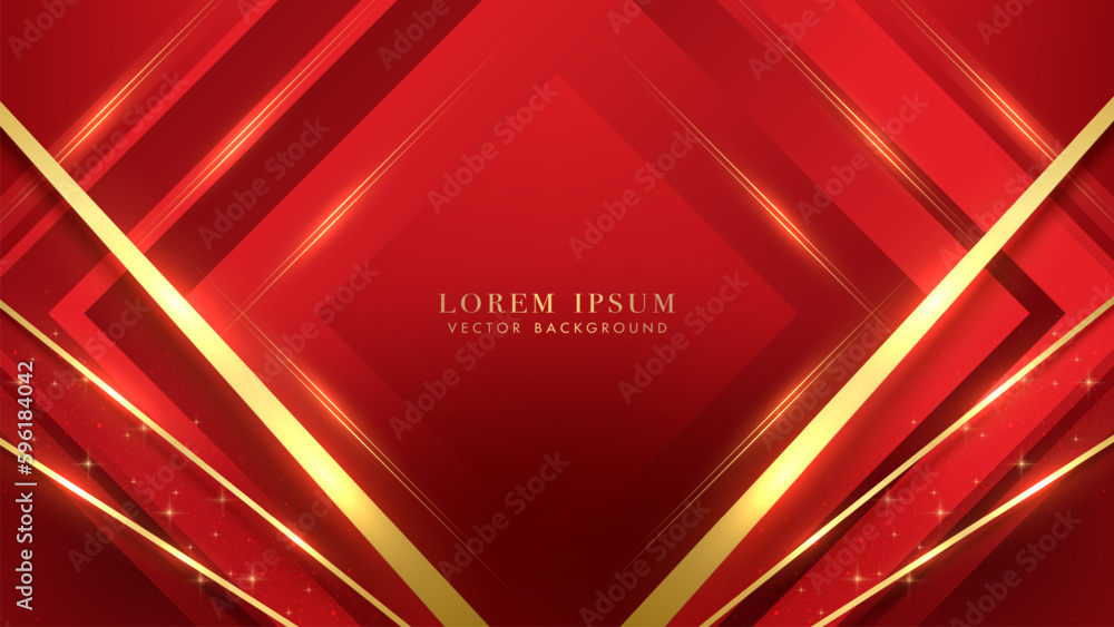 Red square shapes with diagonal golden line, shiny dots and sparkling ...