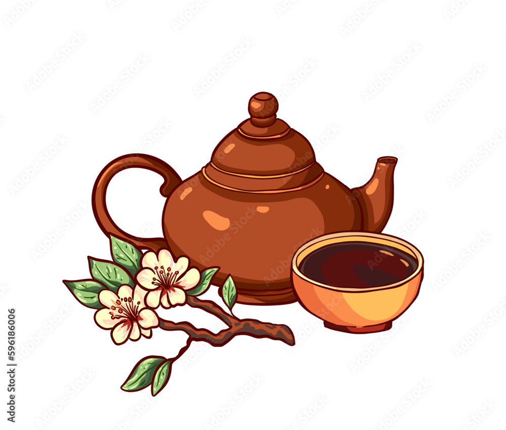 Chinese tea design - teapot, traditional cup, cherry blossom flowers ...