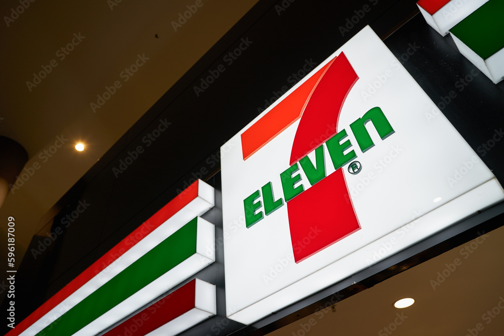 KUALA LUMPUR, MALAYSIA - CIRCA MARCH, 2023: close up shot of 7-eleven ...
