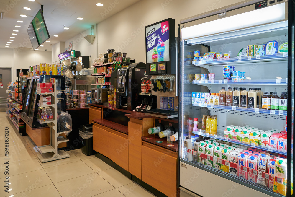 KUALA LUMPUR, MALAYSIA - CIRCA MARCH, 2023: interior shot of 7-eleven ...
