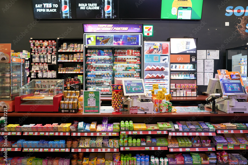 KUALA LUMPUR, MALAYSIA - CIRCA MARCH, 2023: interior shot of 7-eleven ...