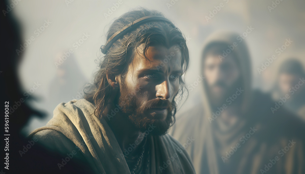 Portrait of serene Jesus Christ reading among apostles. Cinematic ...