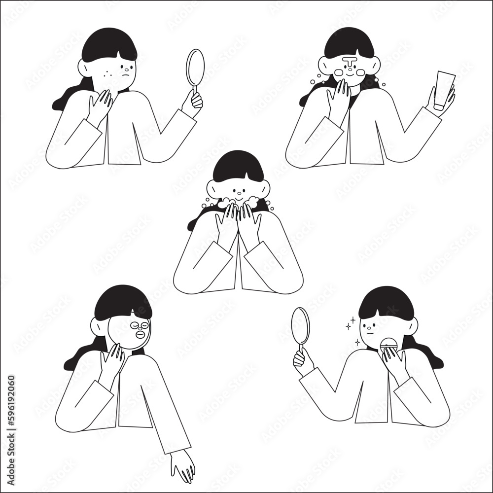 Vector Flat Cartoon Illustration Set Of Skincare Routine For Woman