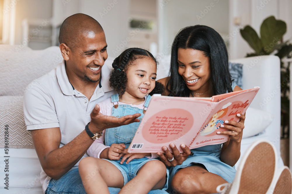 Parents, family and girl reading book in home, bonding and learning in ...
