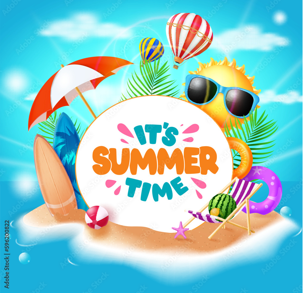 Summer time vector template design. It's summer time text in empty space in sand island with ...