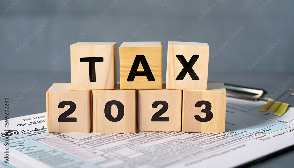 newspaper,Tax 2023 in wooden cubes and tax or vat form documents to ...