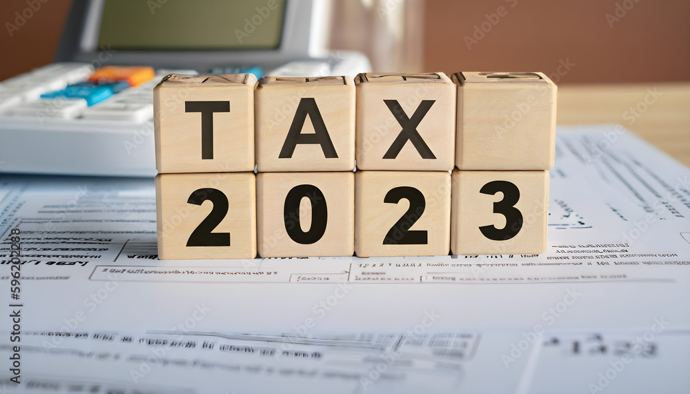 Tax 2023 in wooden cubes and tax or vat form documents to complete ...