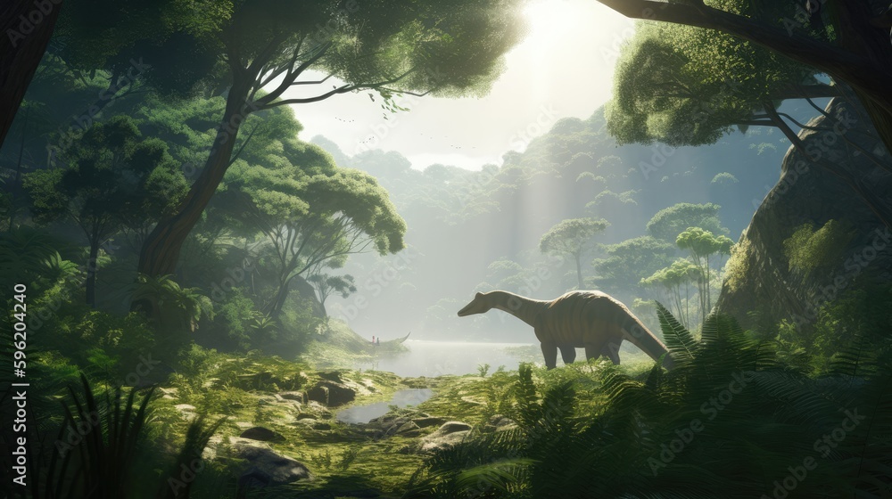 Serene Enchanting Scene, Gentle Brachiosaurus, Lush Jurassic Jungle ...