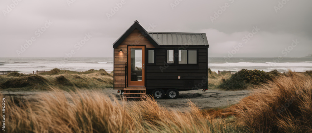 Exterior of tiny house on wheels parked by the sea, new way of living ...