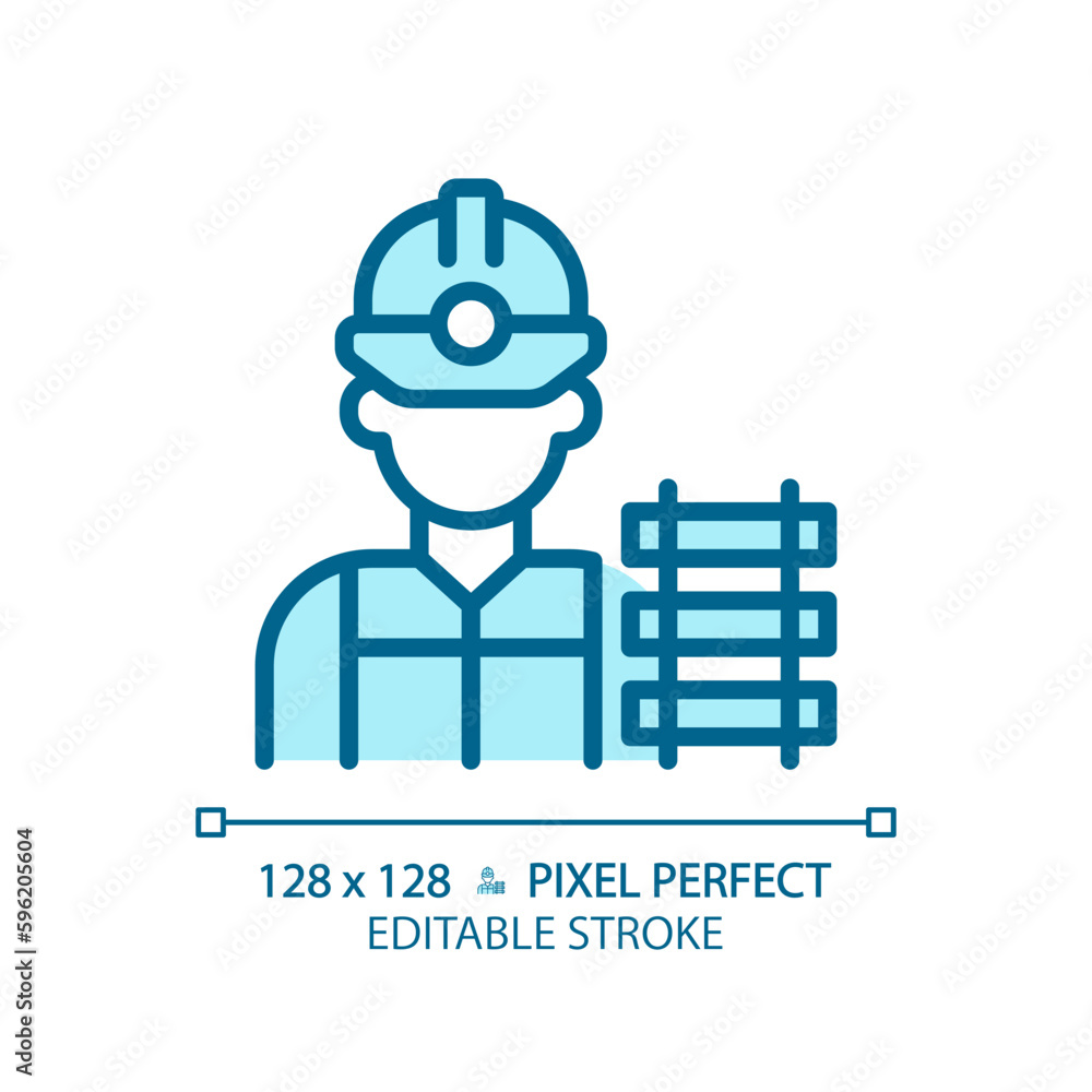 Railway worker pixel perfect blue RGB color icon. Railroad labor. Train ...