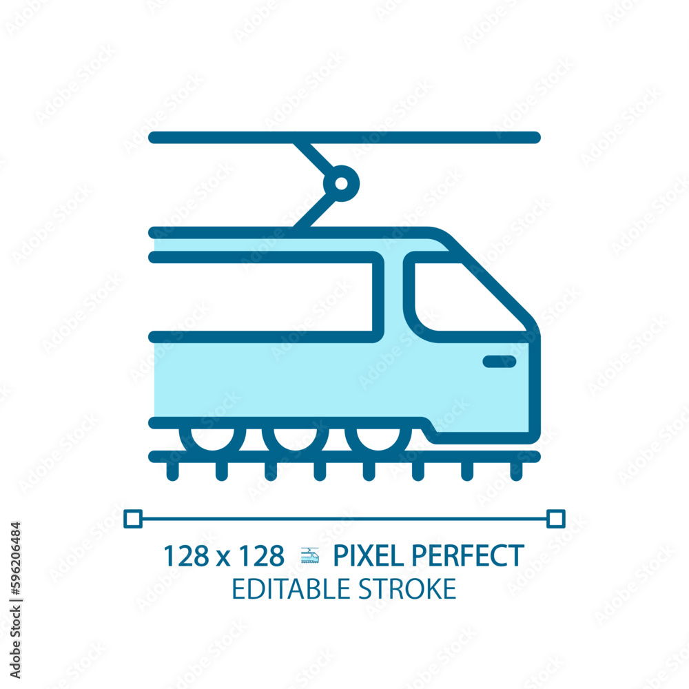 Tram pixel perfect blue RGB color icon. Tramway train. Urban transport ...
