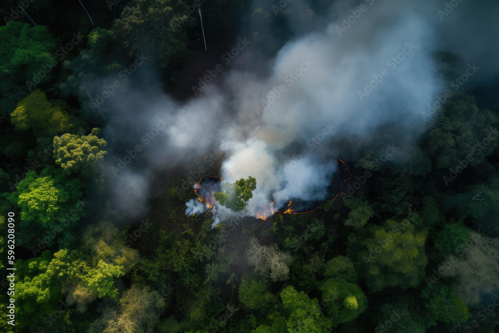 Aerial view of a massive forest fire. Drone top view of wildfire with ...