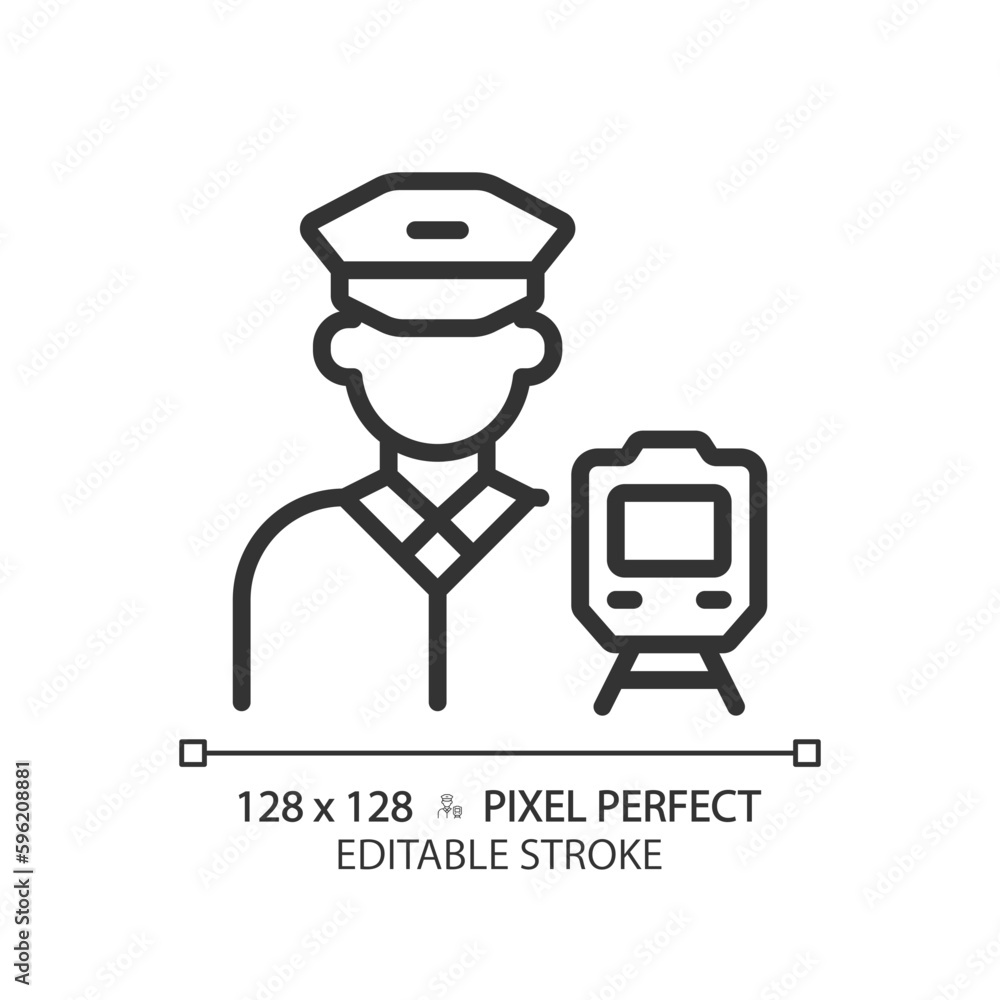 Train driver pixel perfect linear icon. Railroad occupation. Rail crew ...