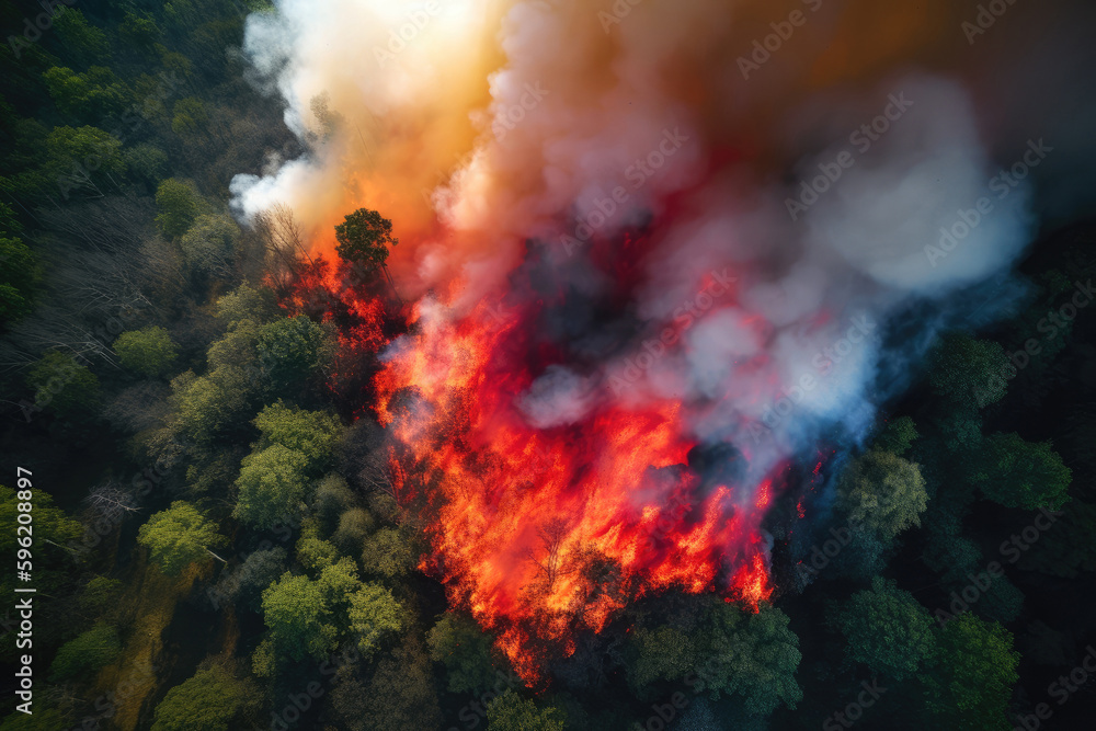 Aerial view of a massive forest fire. Drone top view of wildfire with ...