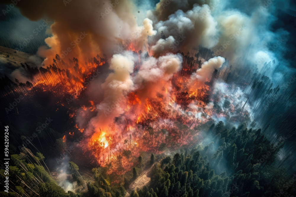 Aerial view of a massive forest fire. Drone top view of wildfire with ...
