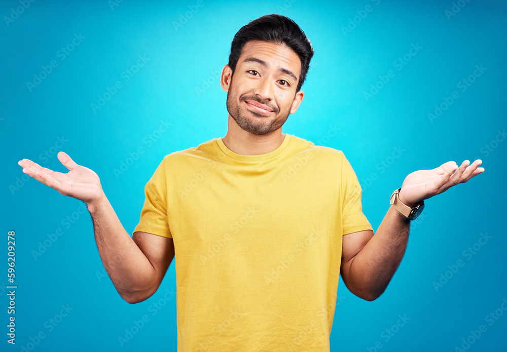 Confused, question and portrait of man shoulder shrugging and raise ...