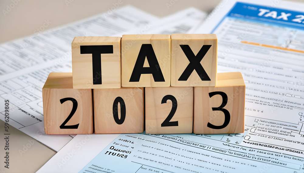 news headline, Tax 2023 in wooden cubes and tax or vat form documents ...