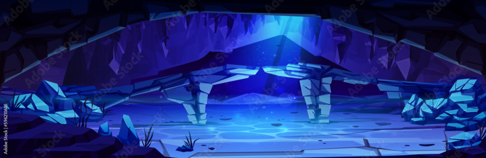 Cartoon underwater cave with stone bridge. Vector illustration of rocky ...