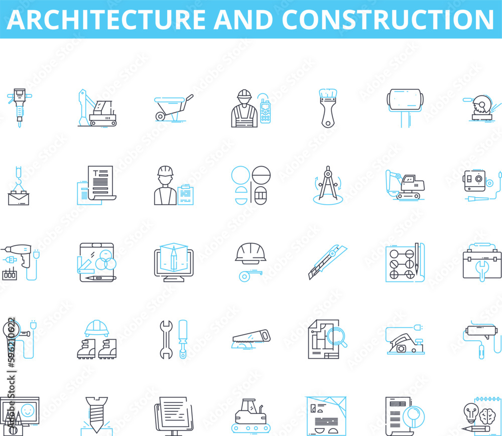 Architecture and construction linear icons set. Blueprint, Foundation ...