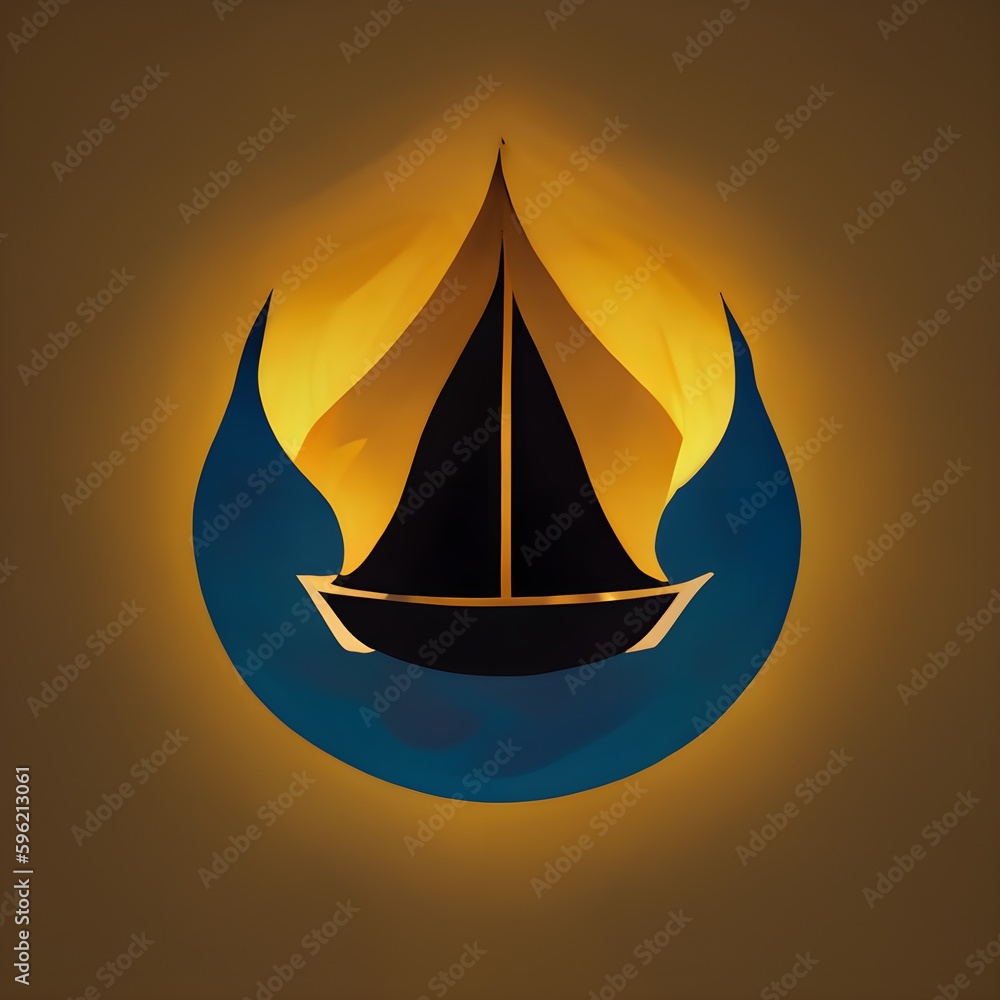 minimal logo with golden sails inside a ring of blue fire in a dark ...