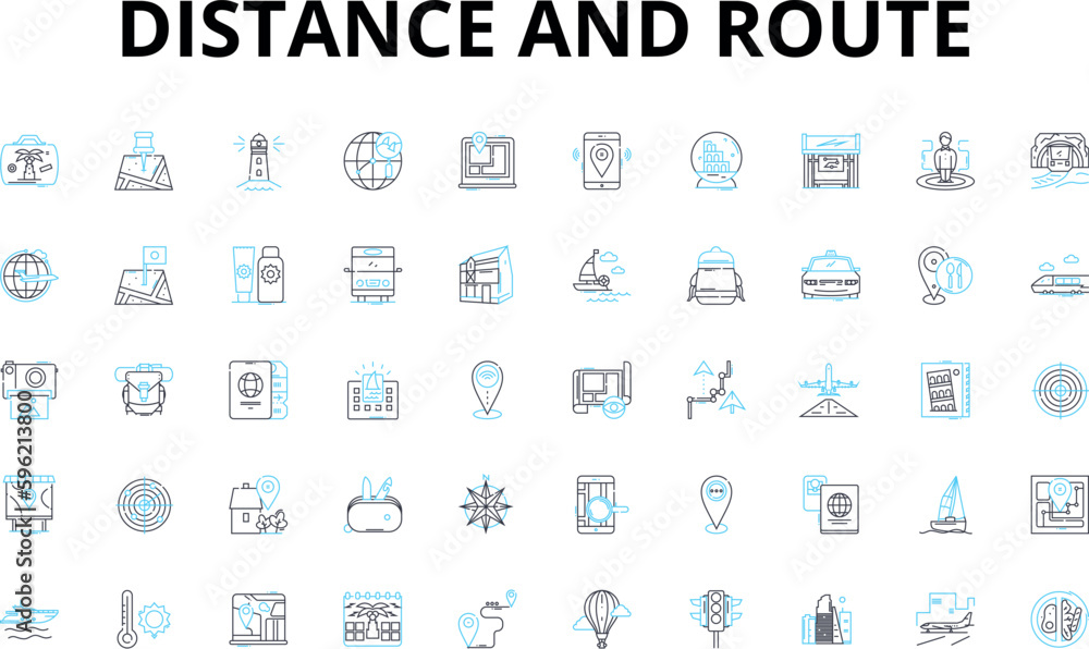 Distance and route linear icons set. Navigation, Direction, Journey ...