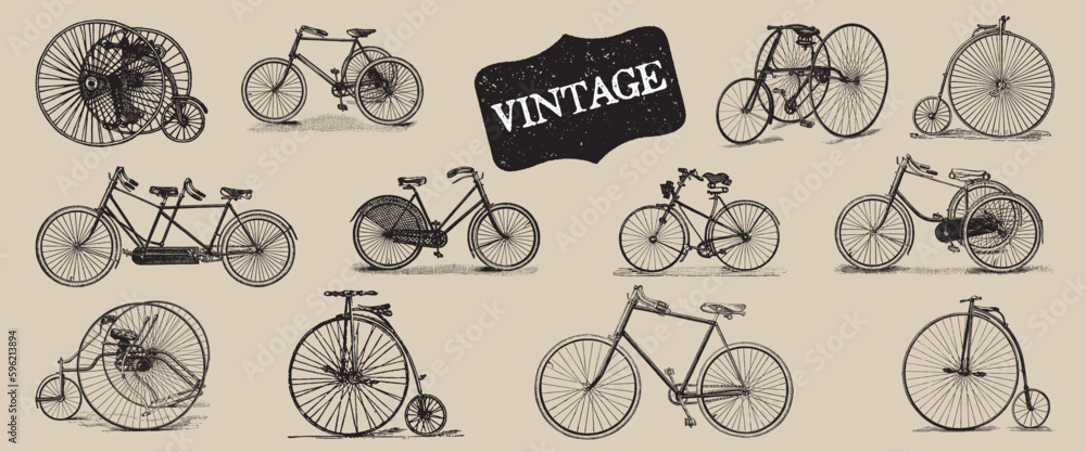 Vintage vehicles. Retro Bicycle Set. Tricycle Illustration. Ride ...
