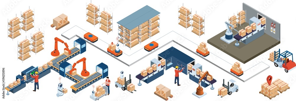 Poster 3D isometric automated warehouse robots and Smart warehouse ...