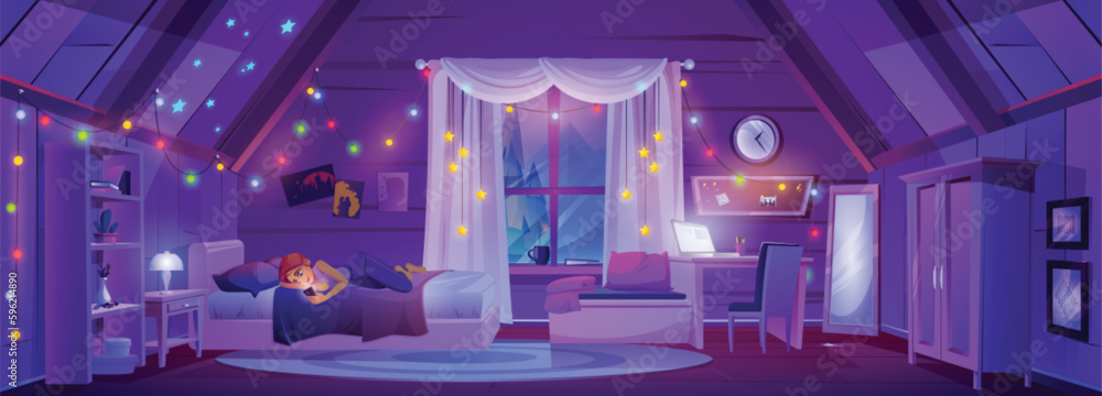 Night attic bedroom interior and girl lying with smartphone cartoon ...