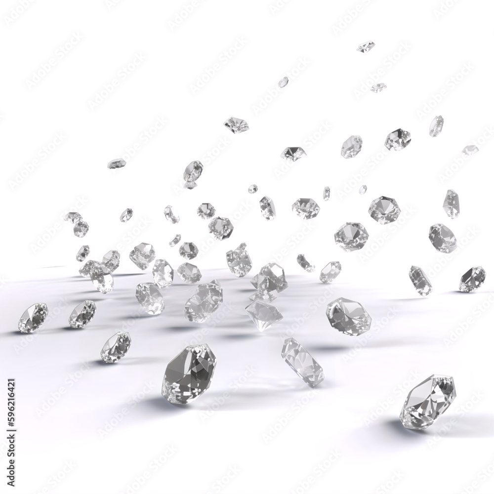 Multiple transparent diamonds falling down. Shining white with ...