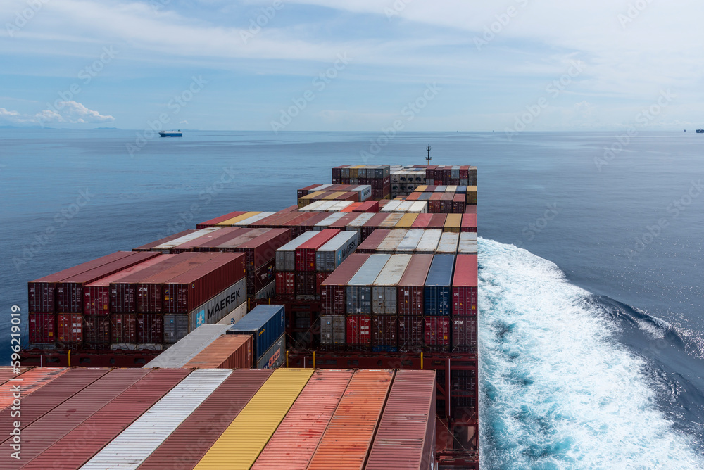 China Sea - November 2022: view on the top of the containers loaded on ...