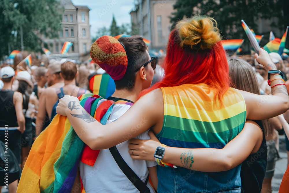 Pride community at a parade with the LGBT flag. Generated AI Stock ...