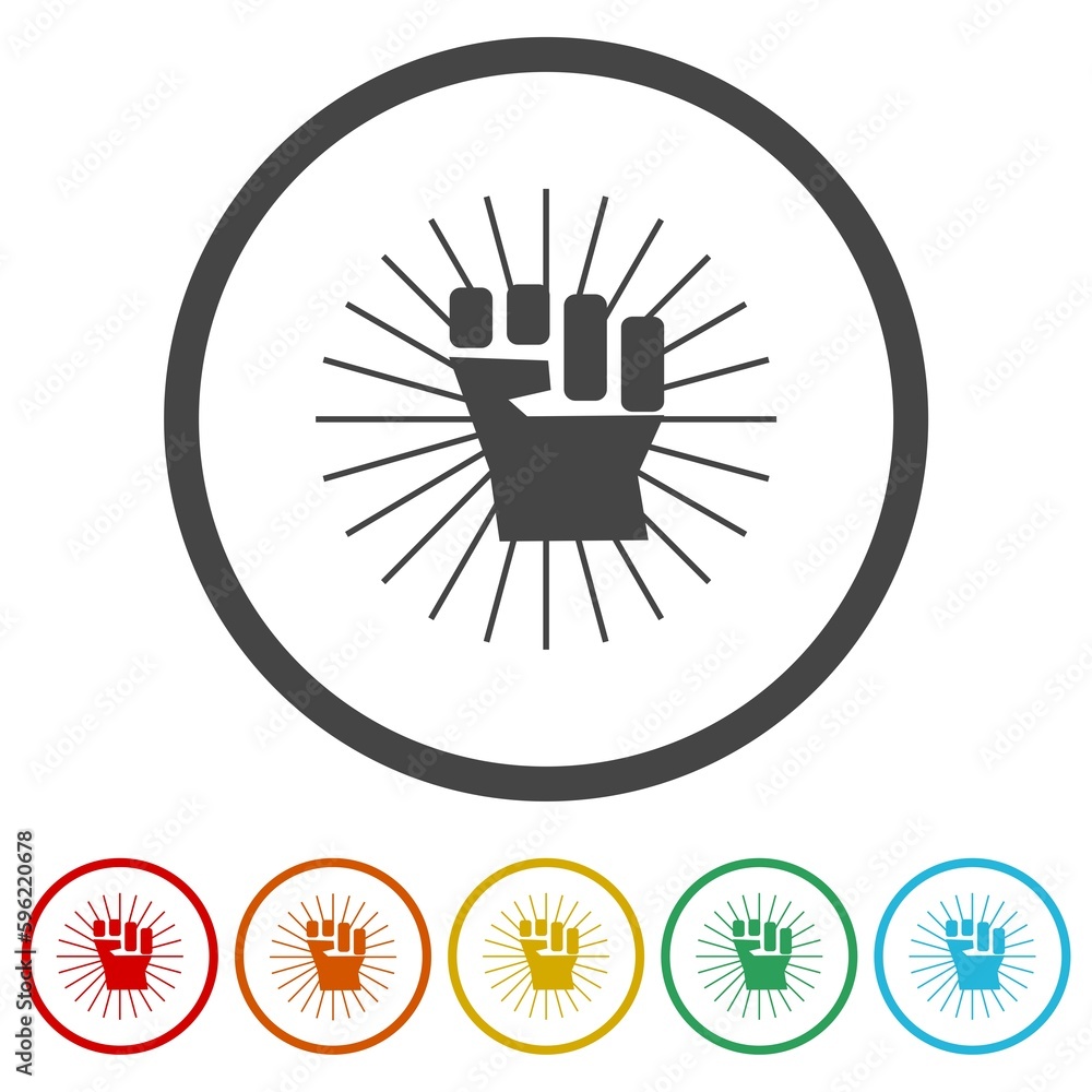 Lifted fist icon. Power symbol. Male hand logo. Set icons in color ...