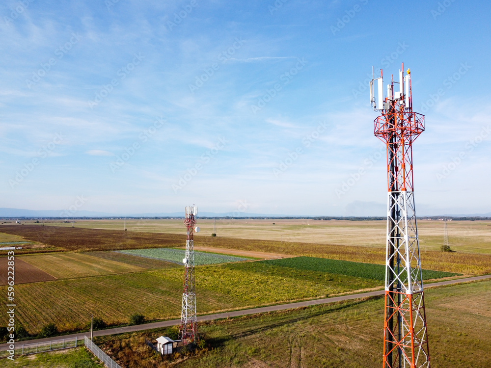 GSM and radio telecommunication towers. Cell phone towers. Base transceiver station. Wireless ...