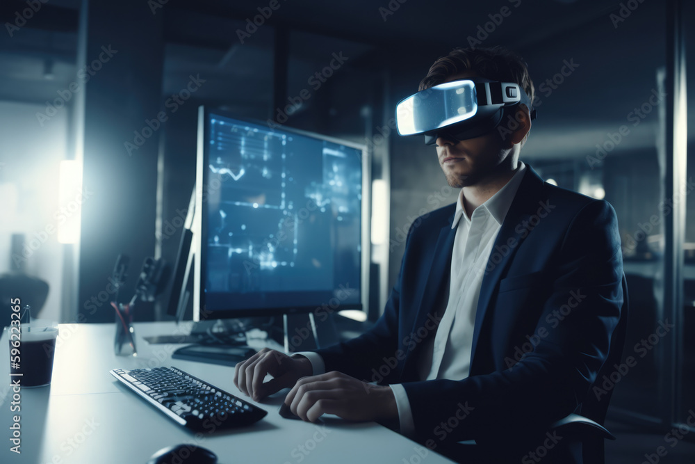 Office worker man in vr helmet. Male using Virtual reality display in ...