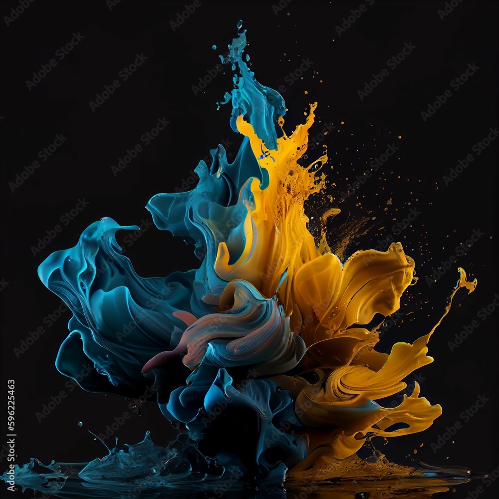 Blue and yellow paint splash background or wallpaper on isolated black ...