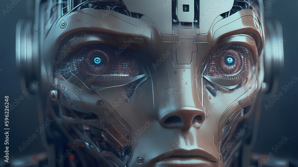 Futuristic Robot face with digital virtual HUD elements. Closeup ...
