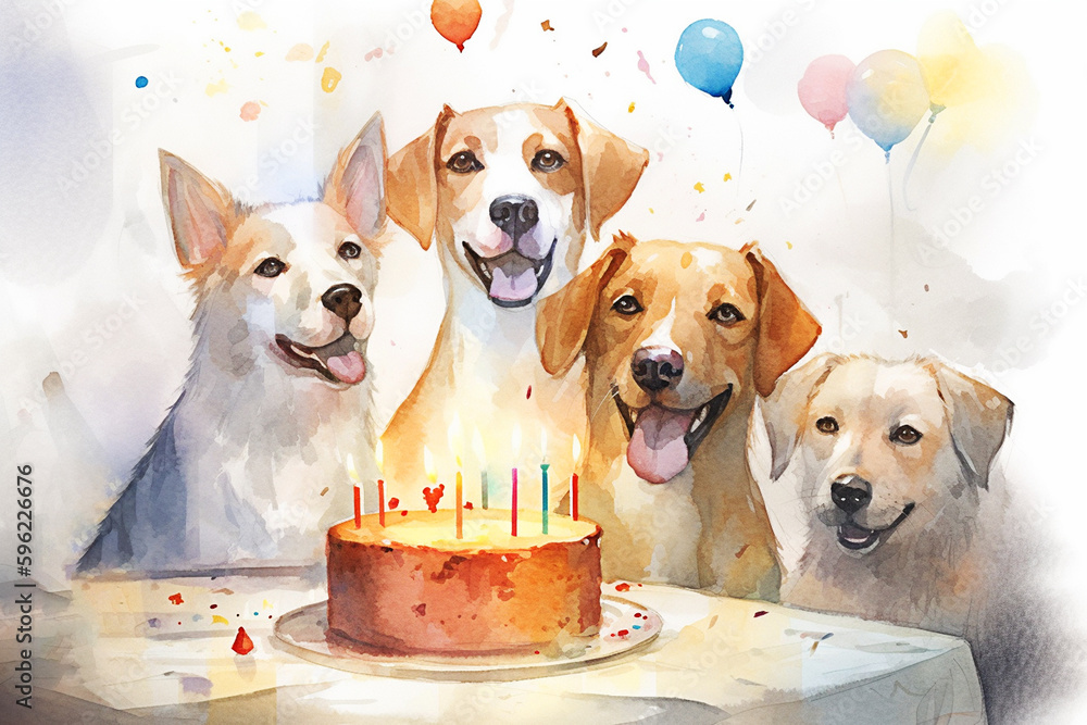 Watercolor illustration of a group of dogs and a birthday cake with ...
