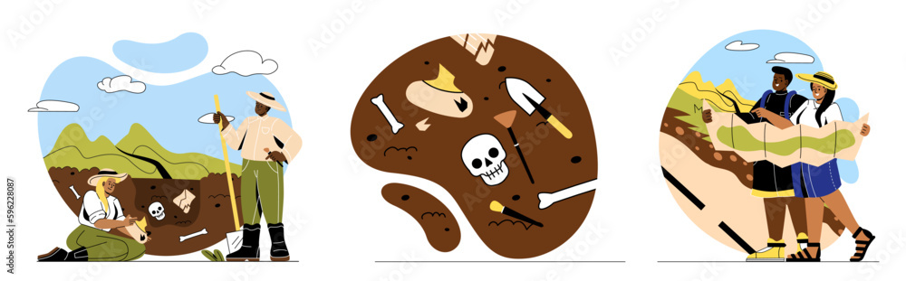 Archaeological excavation set. Collection of men and women with map and ...