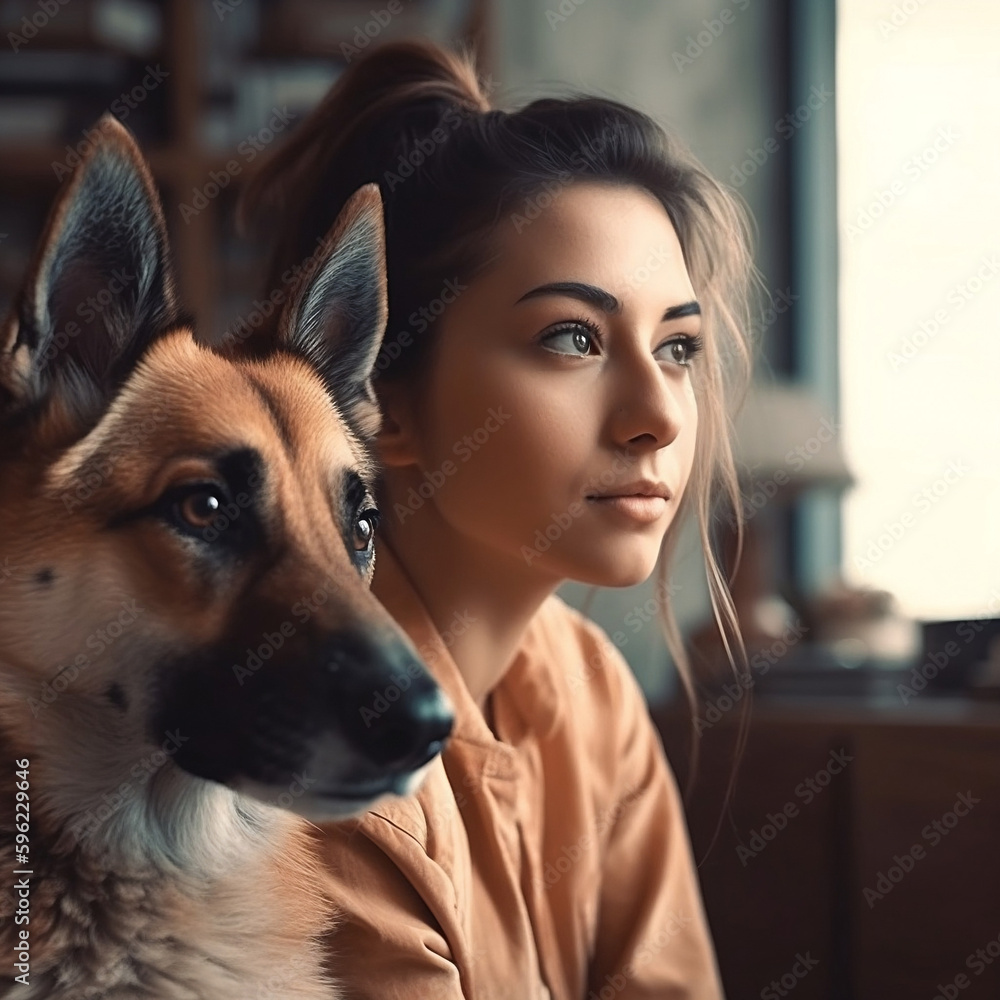 happy dog with its beautiful owner modeling real 8k best quality IA ...